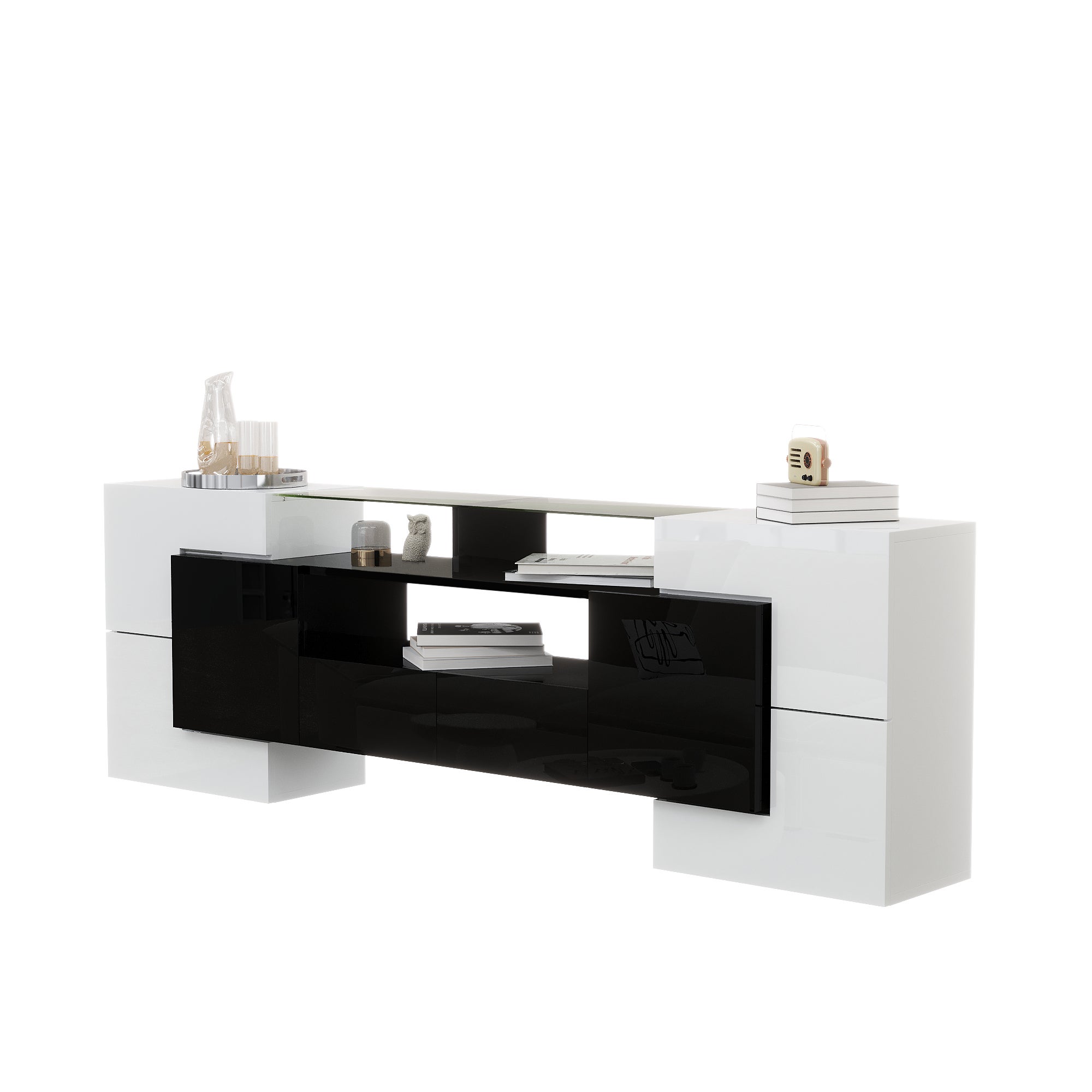 Support TV élégant en blanc et noir laqué, 200 cm, avec LED, design ...
