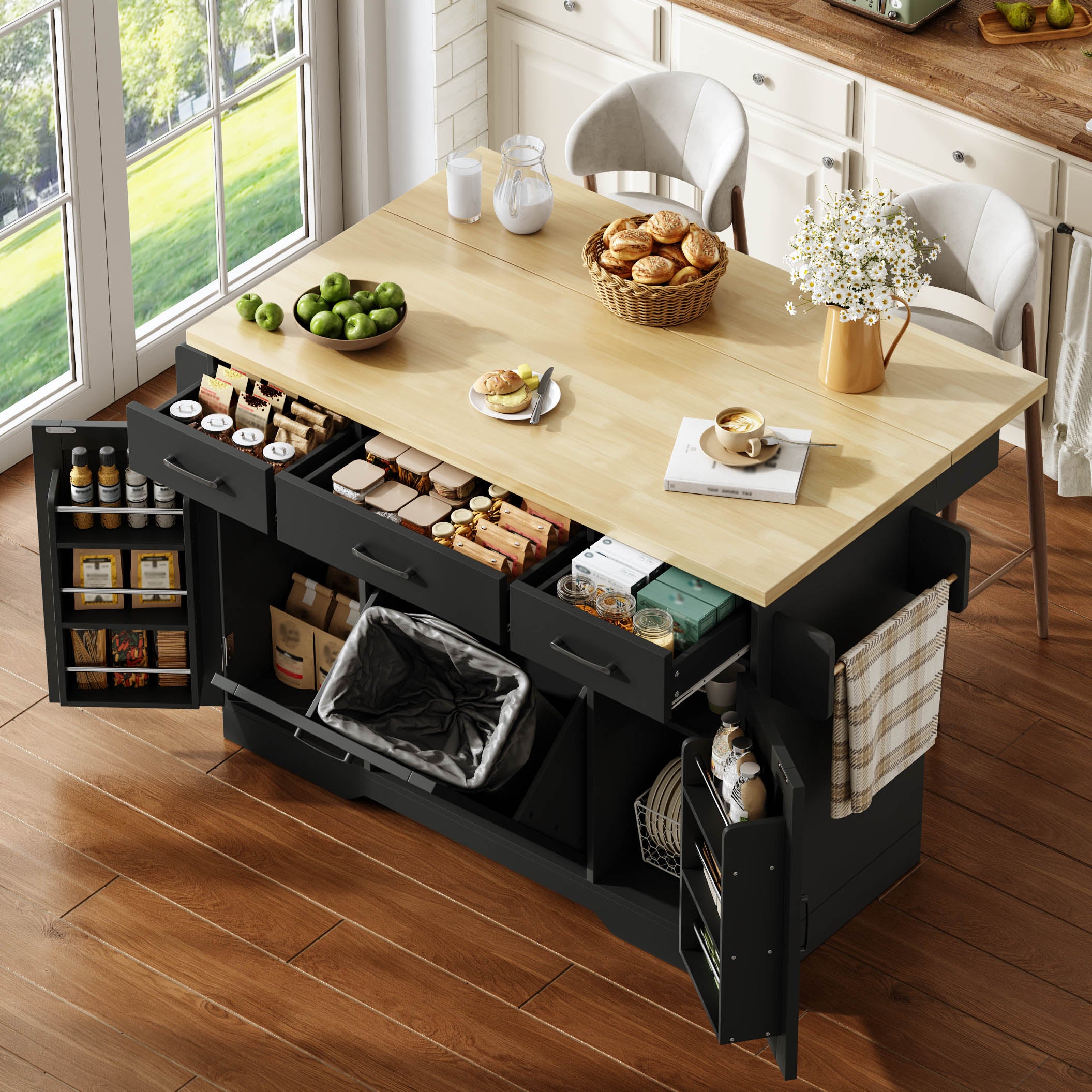 Îlot central de cuisine mobile - table à manger pliable - avec 3 portes ...