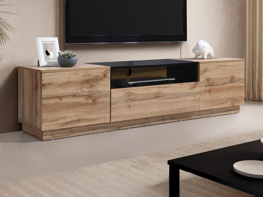 Meuble TV avec 2 portes, 1 tiroir et 1 niche - Naturel et Noir ...