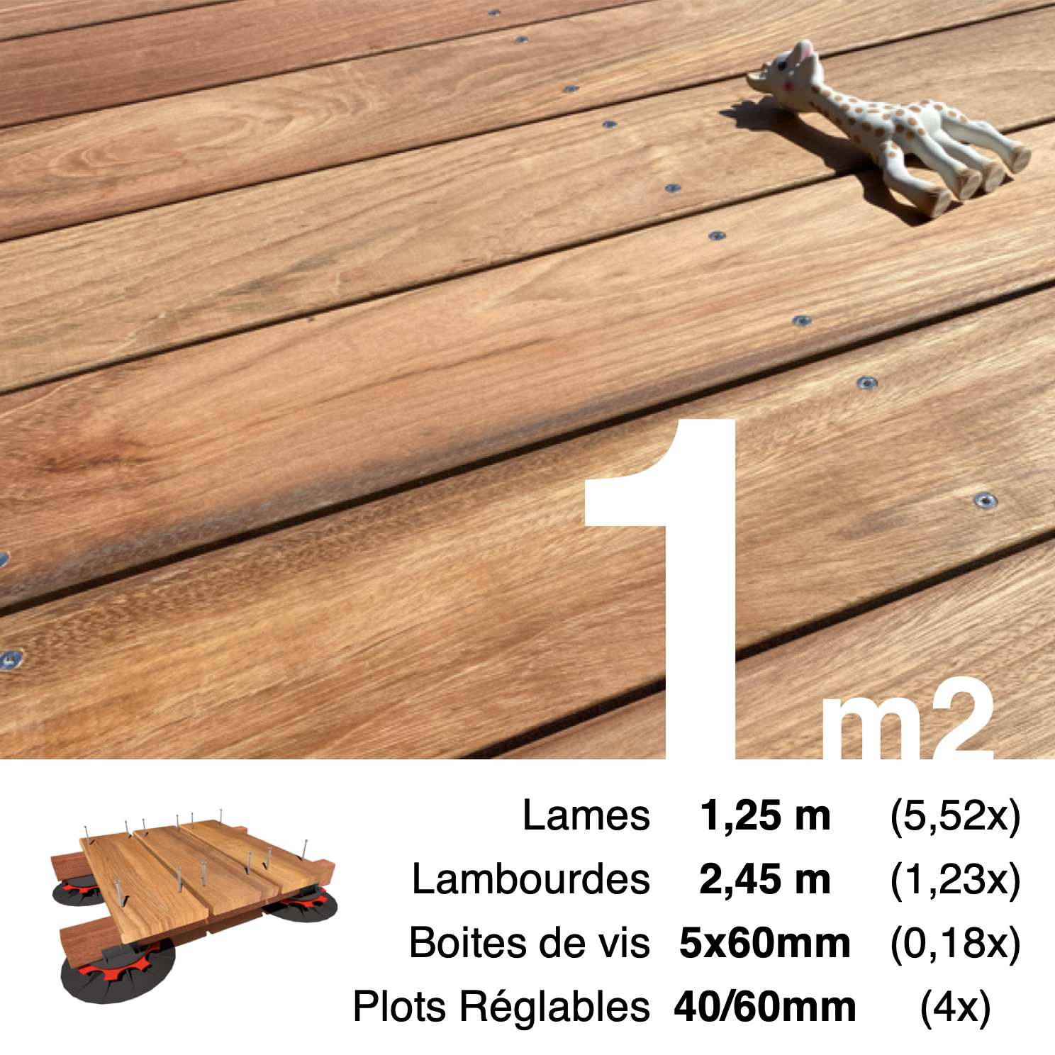 Kit complet terrasse bois exotique JATOBA pour 1 m² • Lames 1,25 m ...