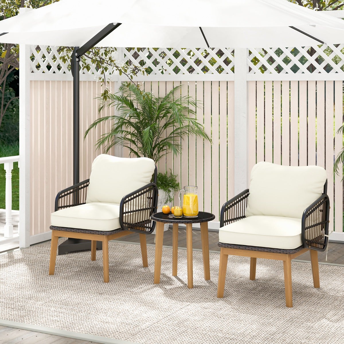 Salon de Jardin Rotin PE 2 Personnes Pieds Bois Acacia Coussins Table ...