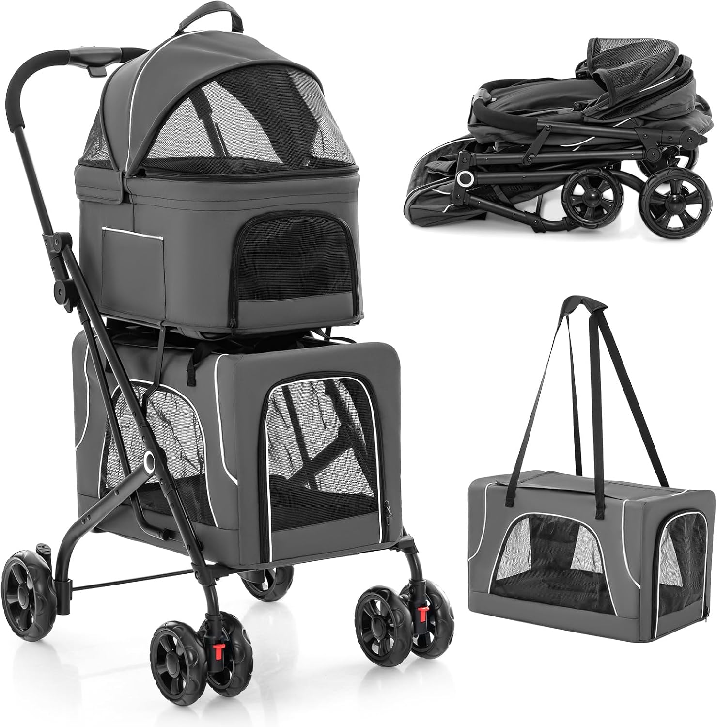 Double Couche Poussette Chien Chat, Poussette 3-en-1 Pliable pour 2 Animaux, Ceinture de ...