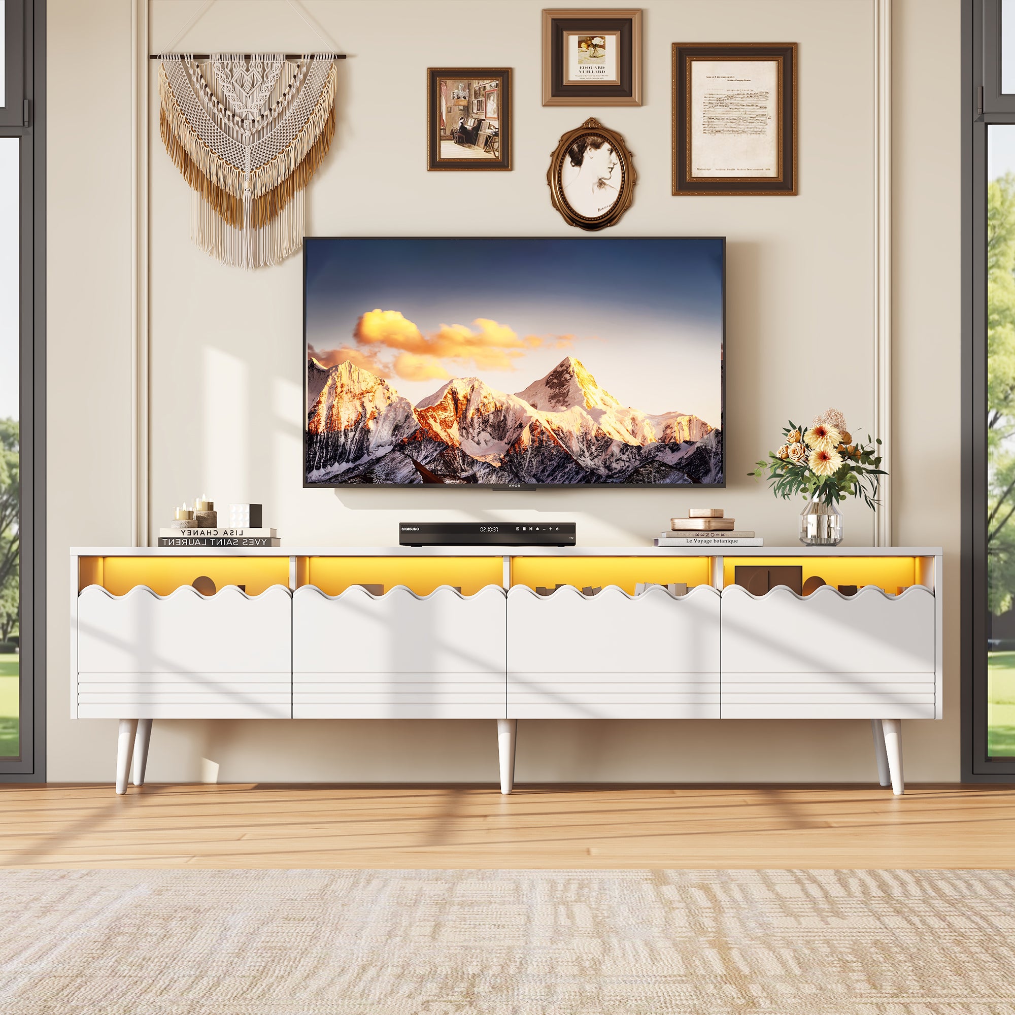 Meuble TV lowboard 176x38x45 cm – 2 tiroirs, 2 armoires, pieds de ...