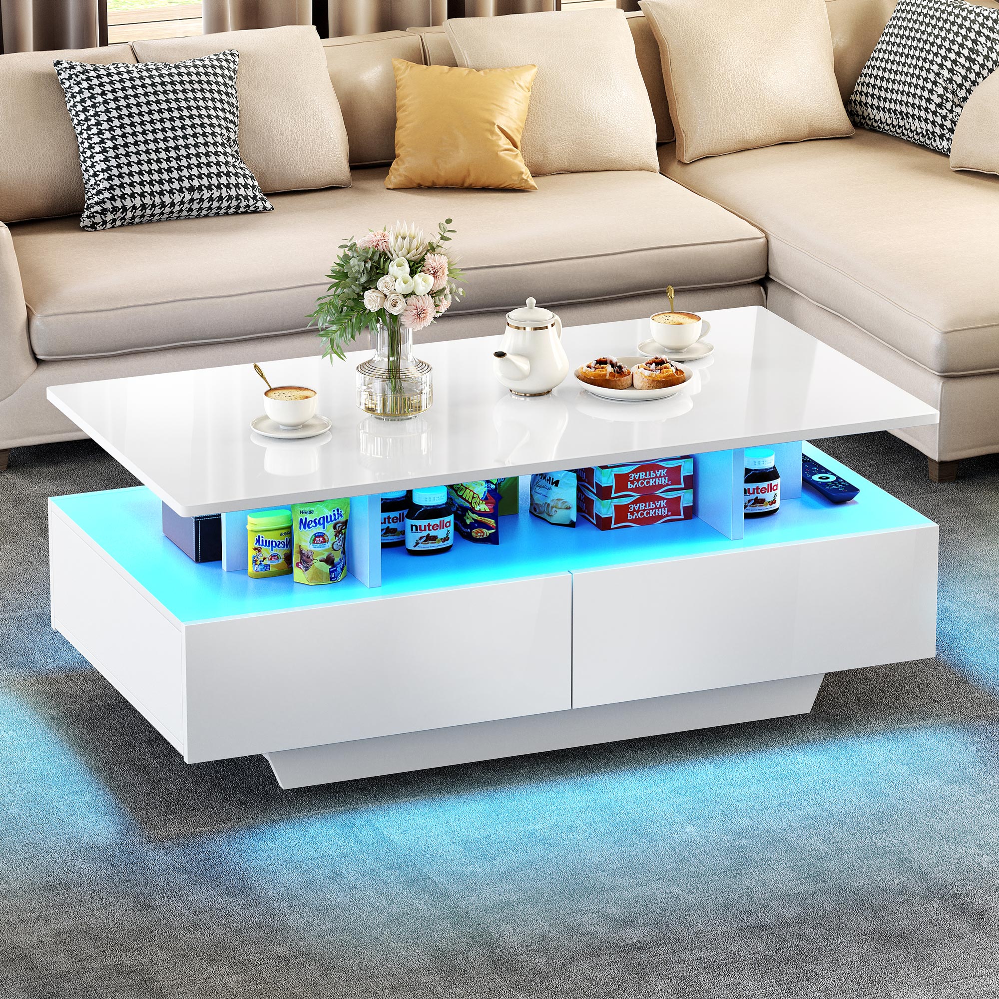 Balconera Table basse Plateau Relevable - Éclairage LED - 4 tiroirs de rangement - 90x55x41,1 cm ...