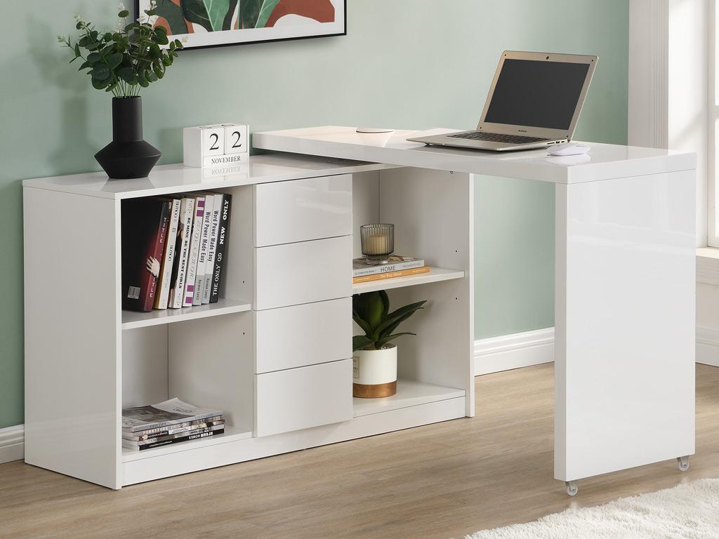 Bureau extensible avec plateau pivotant 360° - MDF - Blanc laqué ...