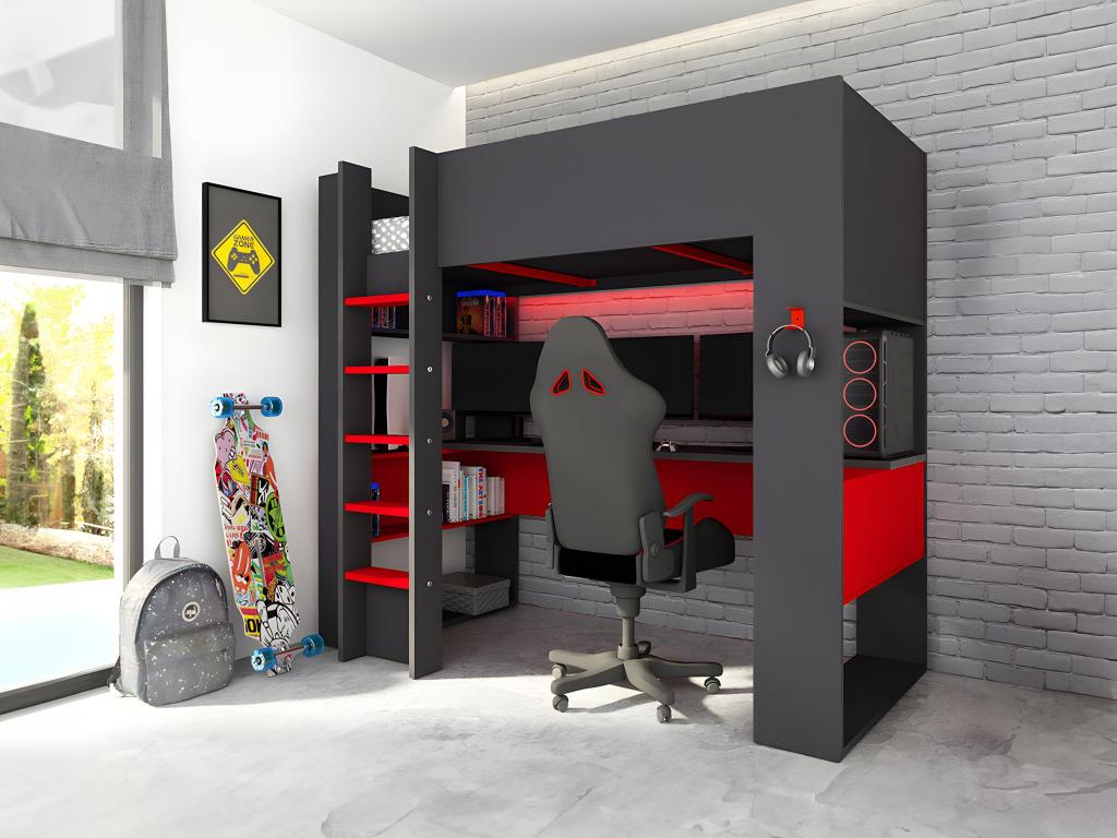 Lit mezzanine gamer NOAH avec bureau et rangements intégrés - 90 x 200 ...
