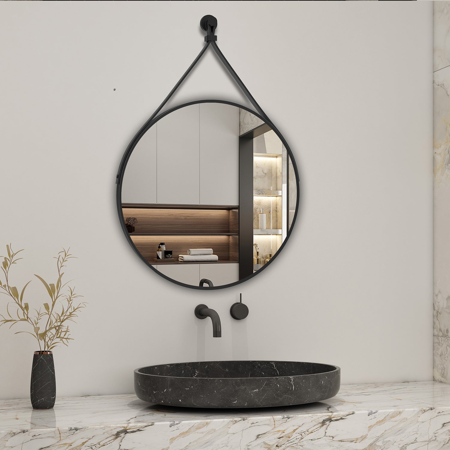AICA Miroir rond 80x80cm noir encadré avec ceinture en cuir amovible ...