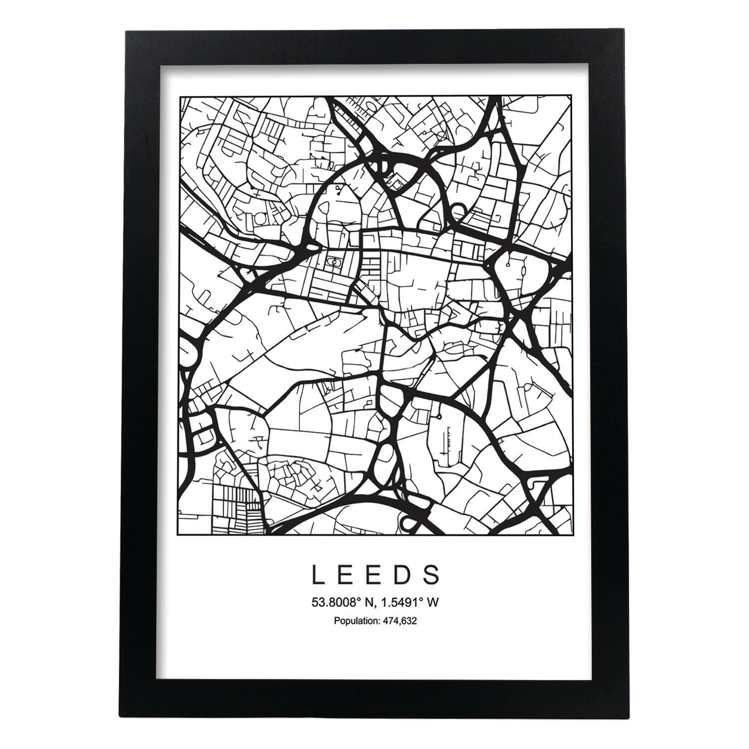 Nacnic Carte Of The City Leeds Nordic Style En Noir Et Blanc Affiche A3 ...