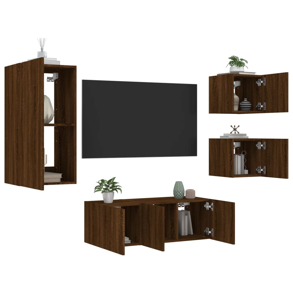 VidaXL Muebles TV pared con LED 5 pzas madera ingeniería marrón roble ...