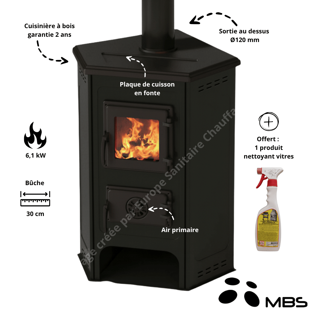 Cuisinière à bois 6,1 kW Nora Angle MBS - Couleur noir | Leroy Merlin