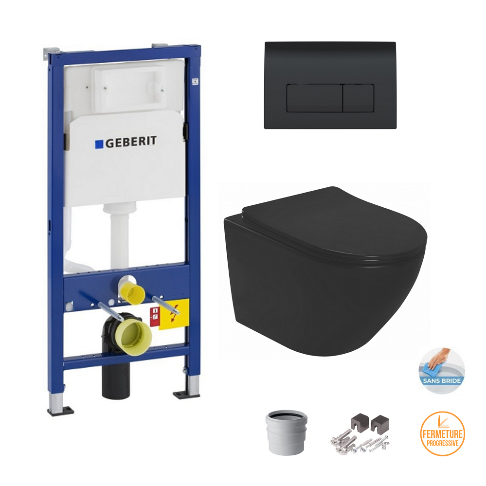 Geberit Pack Wc Duofix UP100 + Plaque De Commande Delta 50 noir + Cuvette noir mat Wc Suspendue ...