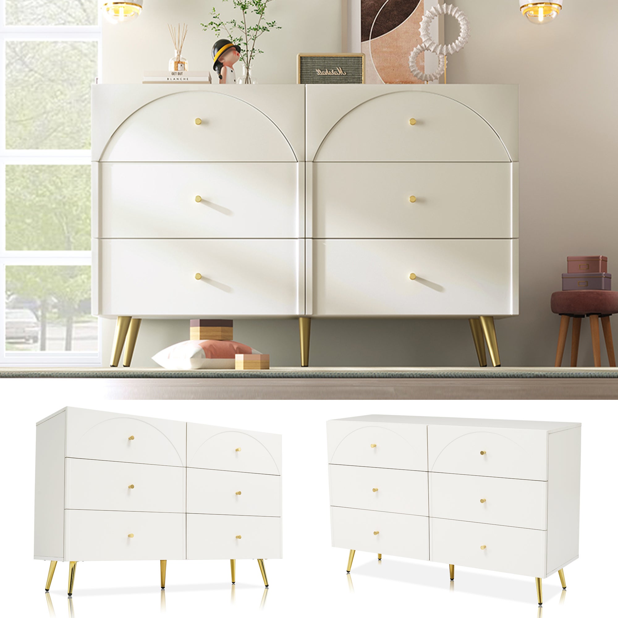Commode 6 tiroirs blanc crème H85/W120/D40cm, chambre, salon, buffet ...