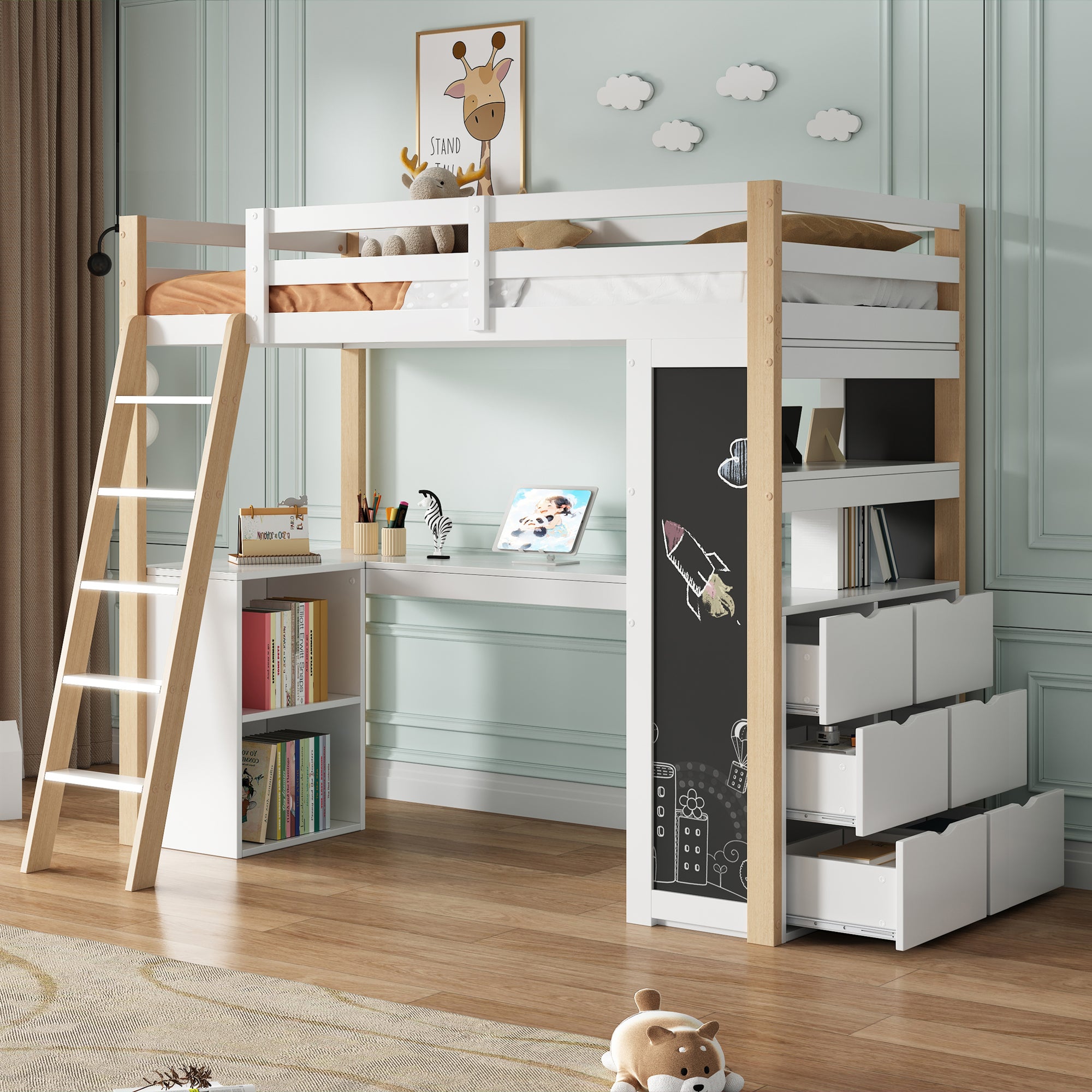 Litera Infantil 90x200 cm, Blanco+Natural, Cama Alta con Escritorio ...