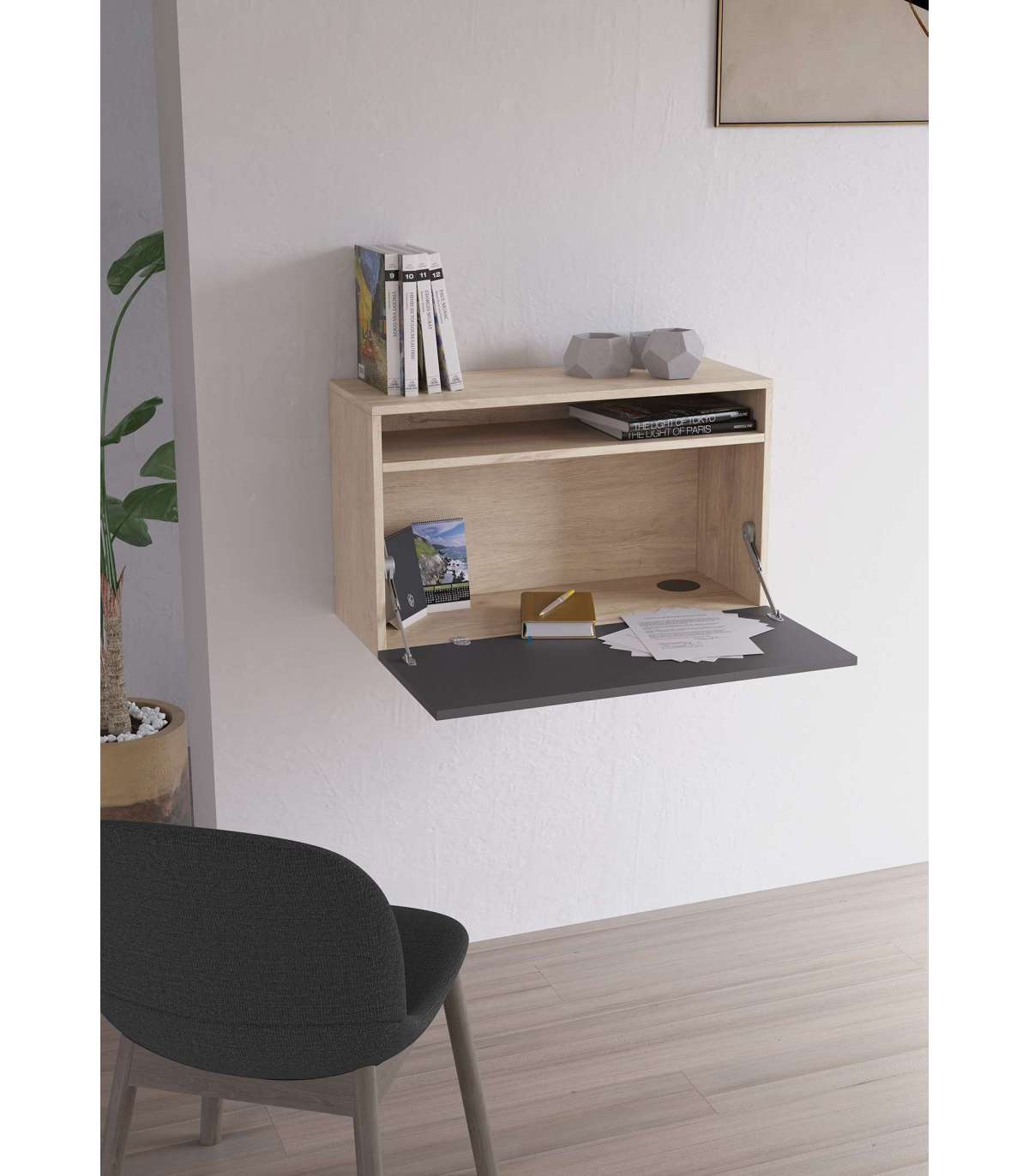 Escritorio suspendido modelo 628 color roble/grafito. 44x75x30 (alto x ...