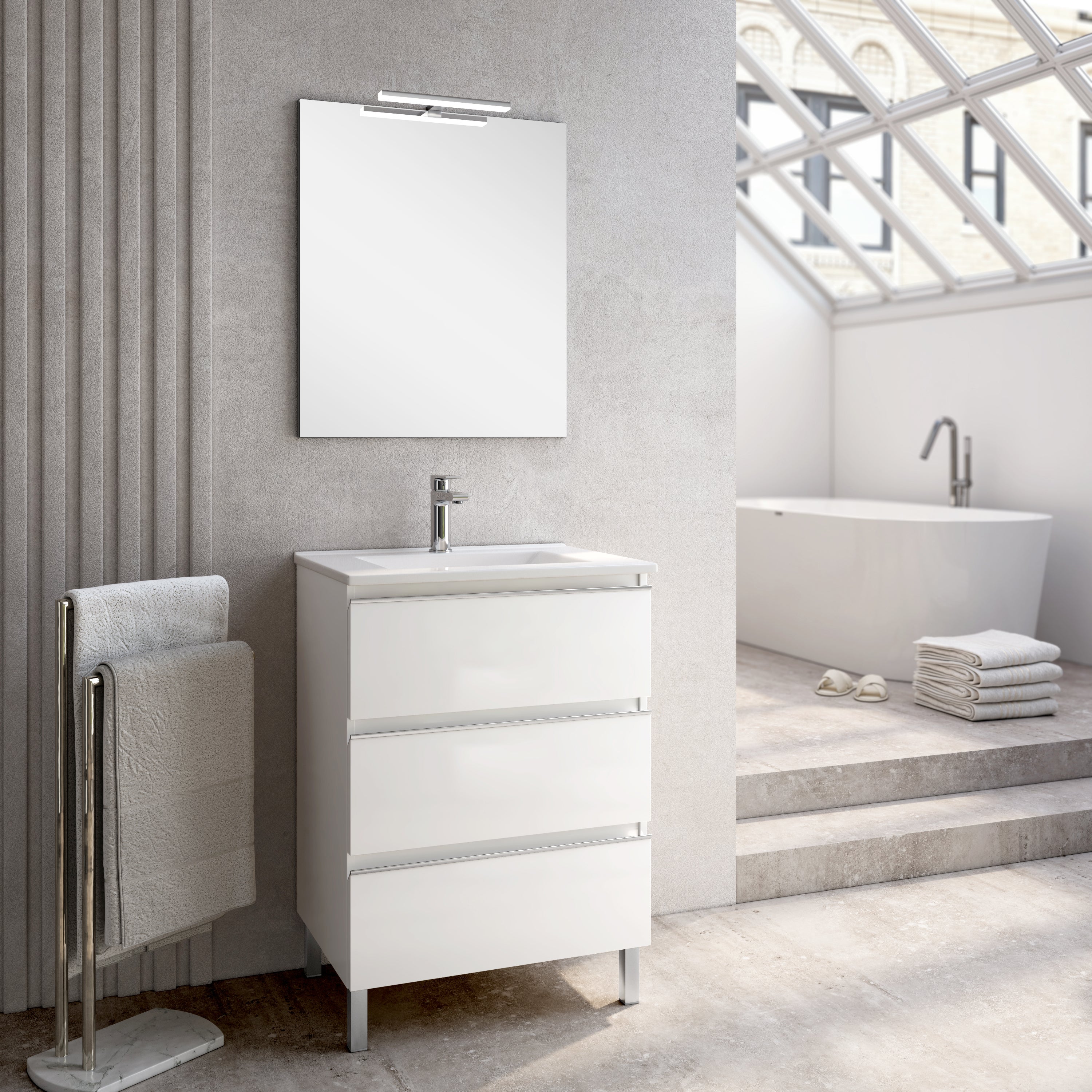 EGORE Pack Meuble de salle de bain avec lavabo + Miroir ROMA 3 Tiroirs ...