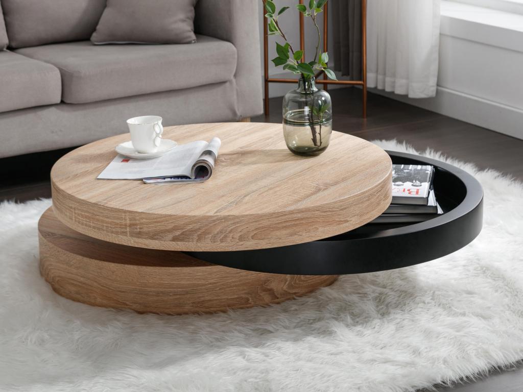 Table basse pivotante ronde avec 1 niche en MDF - Noir et naturel clair ...