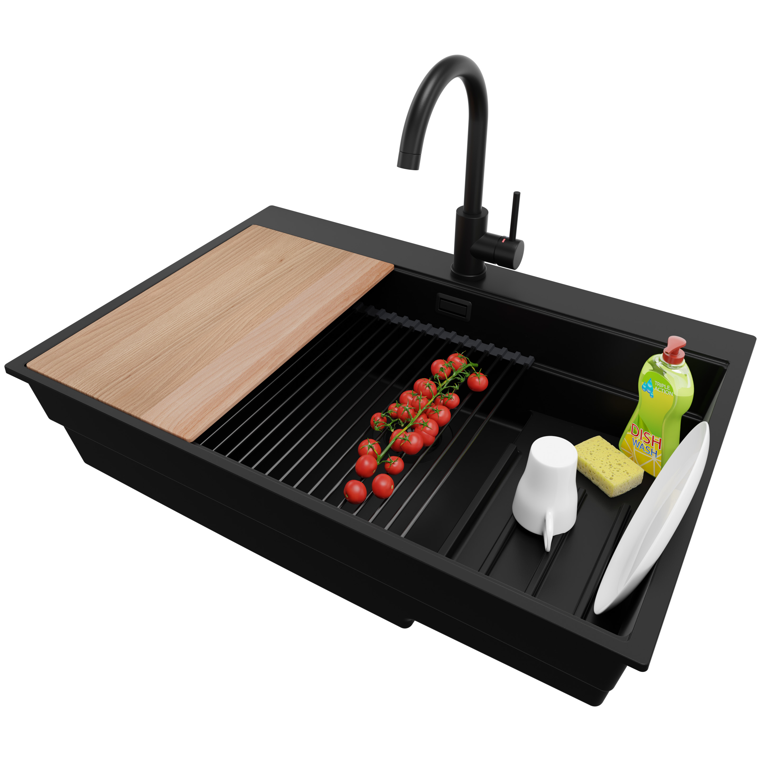 Evier Cuisine en Granit Tout Noir 78x53cm, Lavabo 1 bac + Kit de Vidage ...