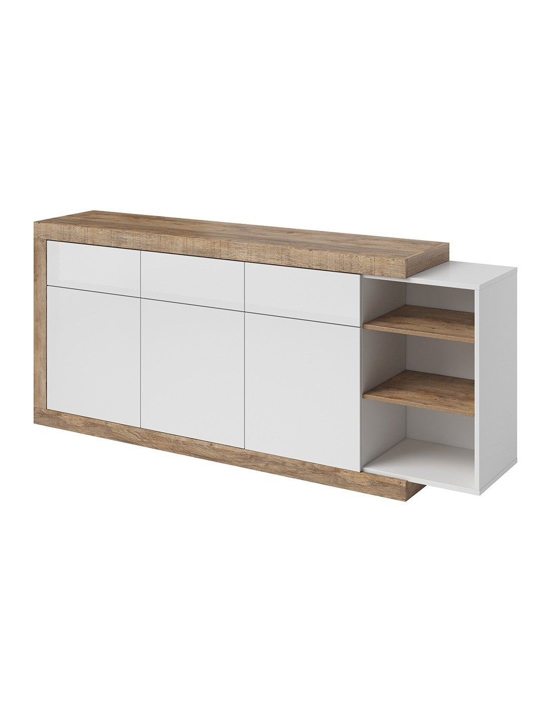 Buffet 200cm coloris chêne et blanc brillant avec nombreux rangements ...