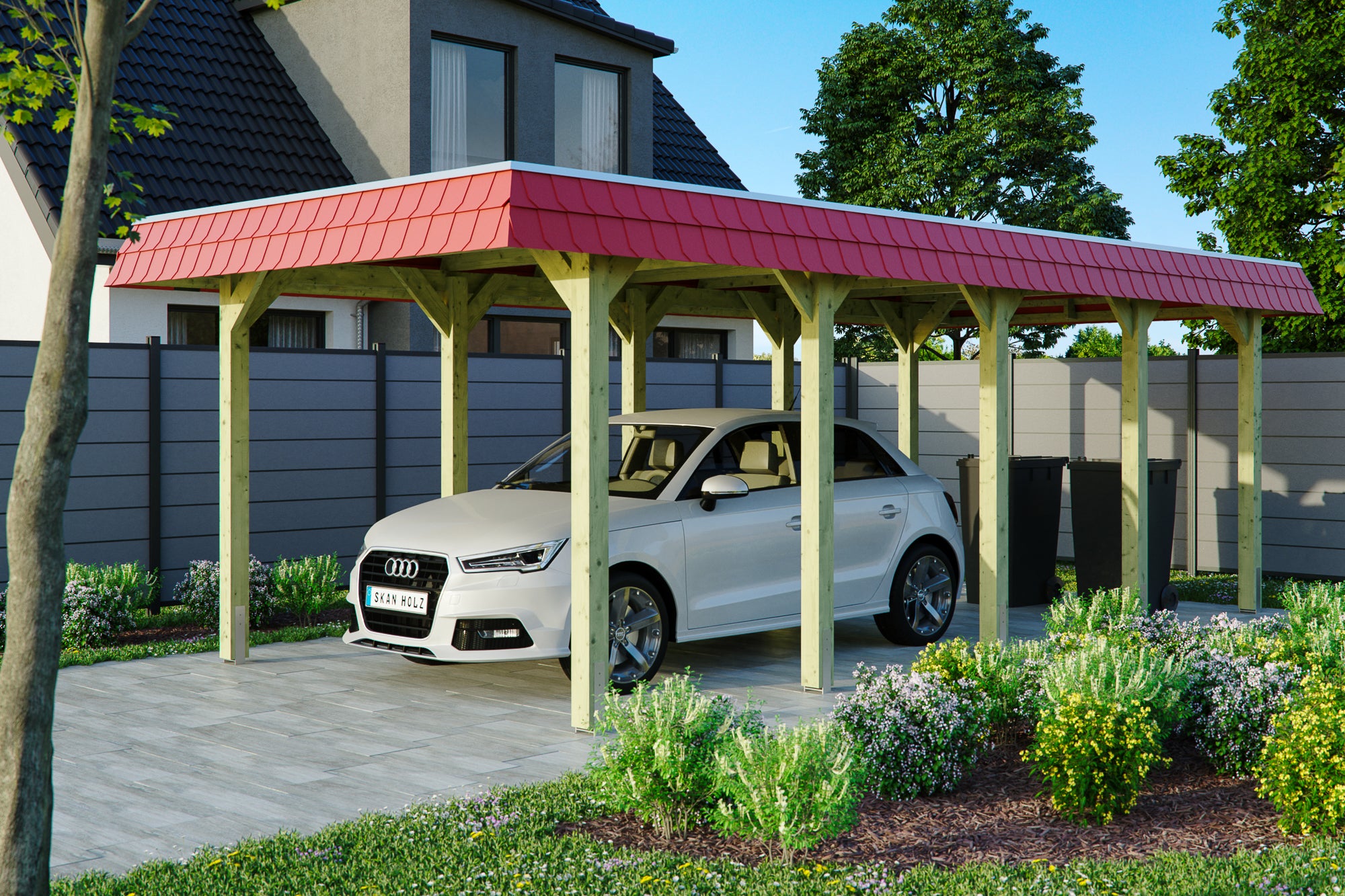 Carport bois SKAN HOLZ Spreewald 345x741cm, toit en aluminium, bandeau rouge, bois résineux ...