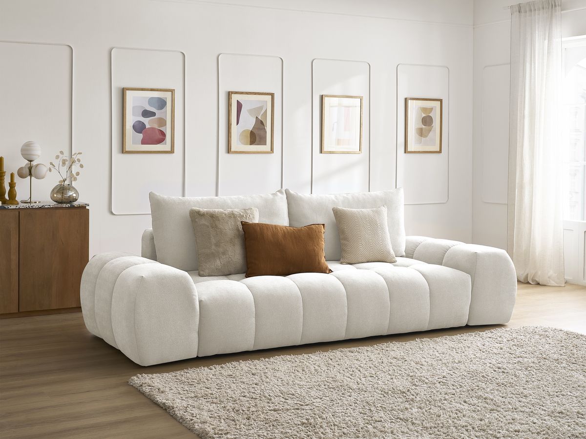 BOBOCHIC Canapé droit fixe 3 places EVEREST tissu texturé Blanc | Leroy ...