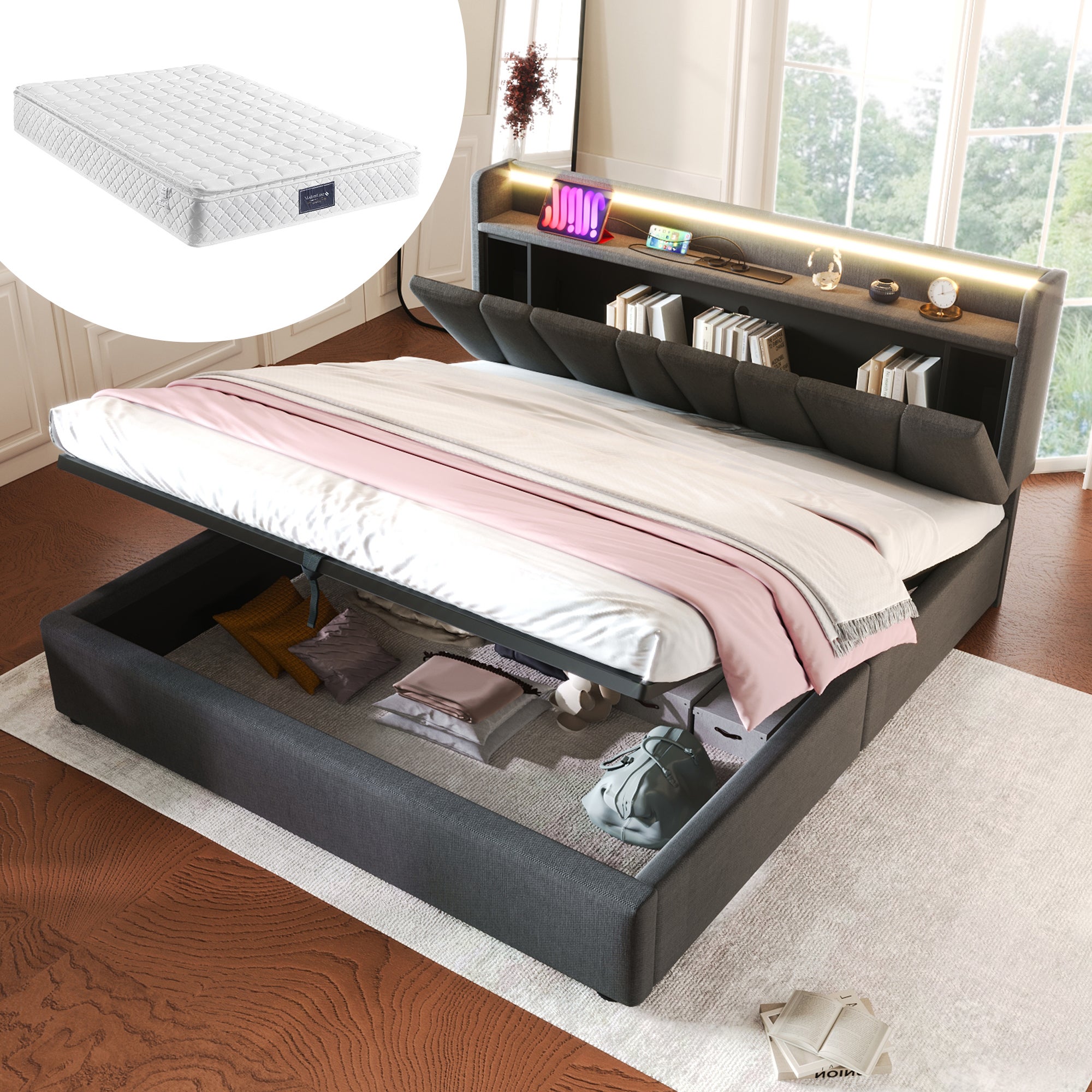 Cama arcón 140x200 cm, cabecero con enchufes y USB, LED RGBW, lino ...