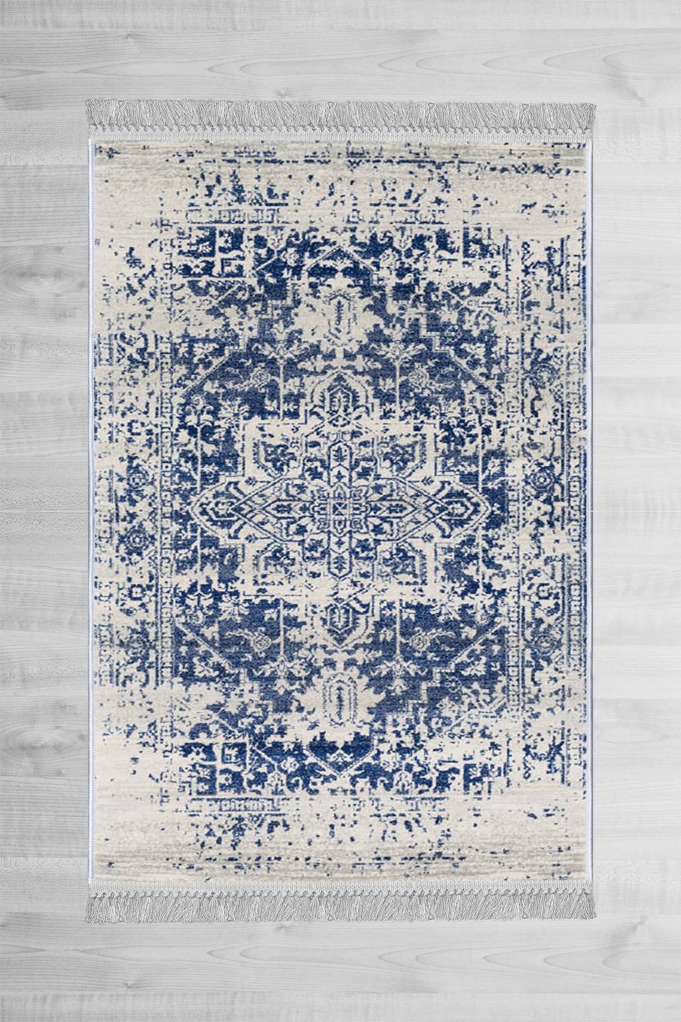 Tapis Casimir 80x150cm Velours Motif Arabesque vieilli Bleu et Blanc ...