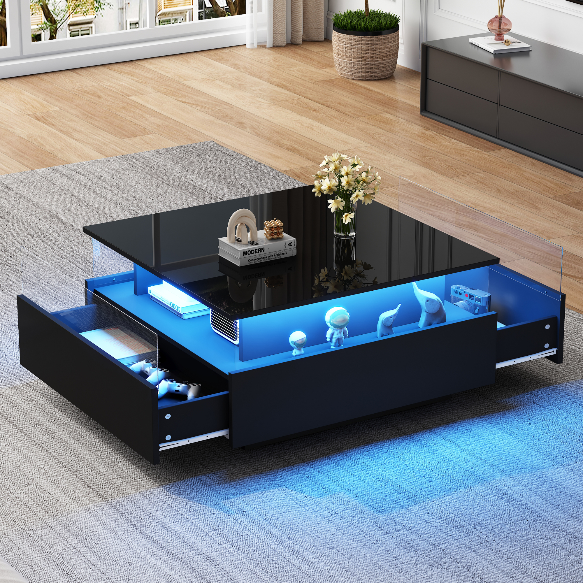Table basse moderne 70x70x41 cm, table de rangement avec LED, 2 tiroirs ...