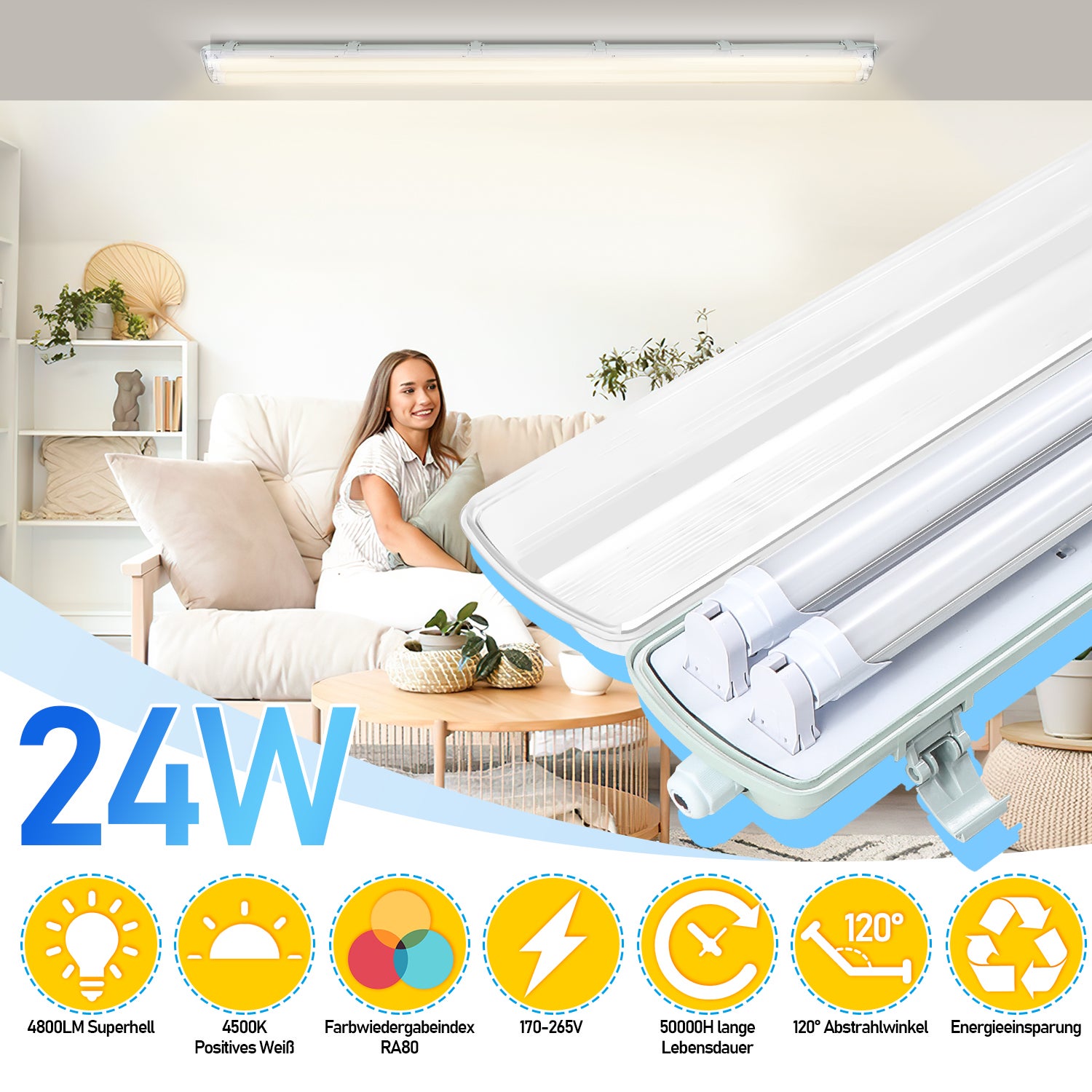 4X Lampe LED pour locaux humides Lampe de bureau Cave Lampe 150cm 2 x ...