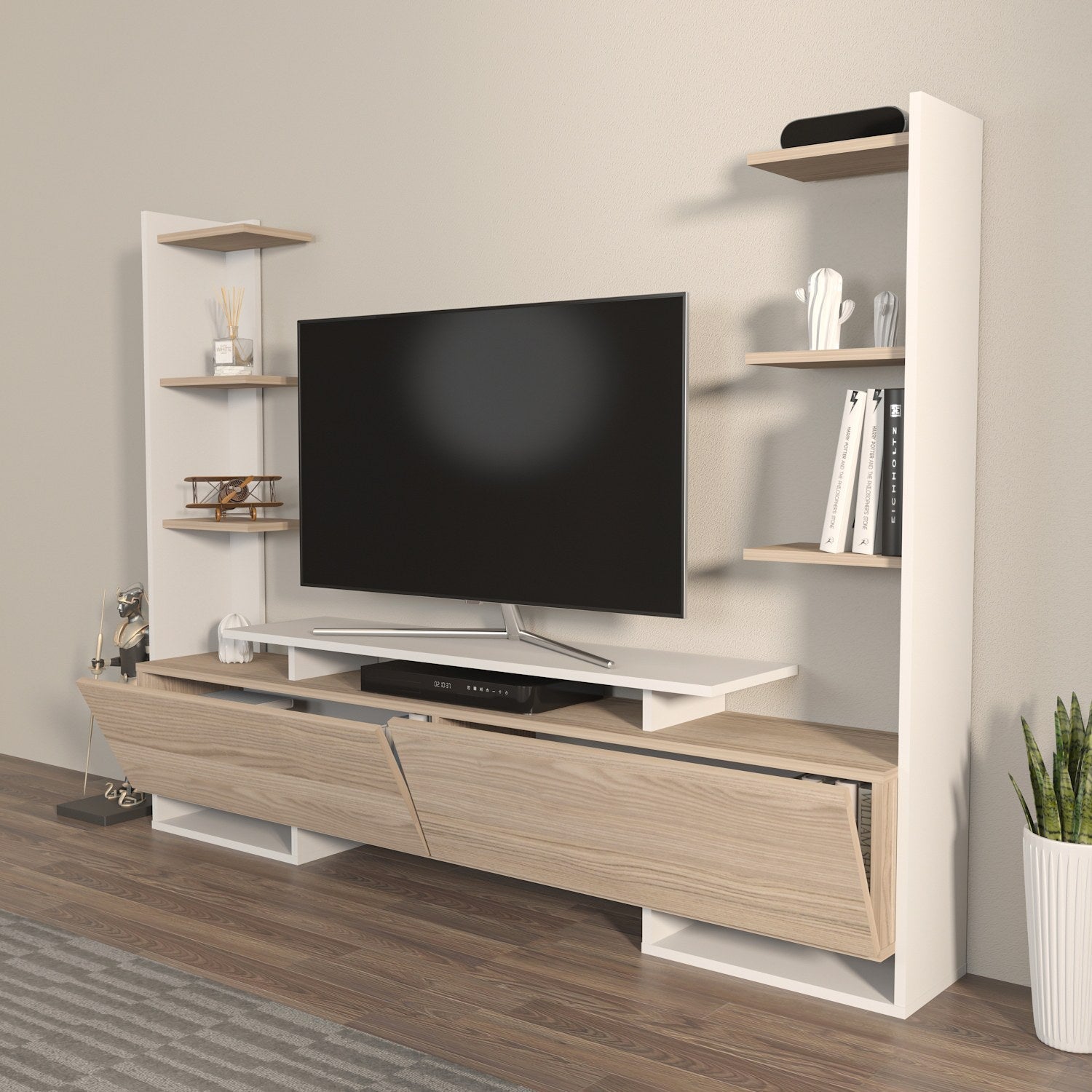 Meuble TV élégant, blanc et chêne, 183,6 x 140 x 31,7 cm | Panneau de ...