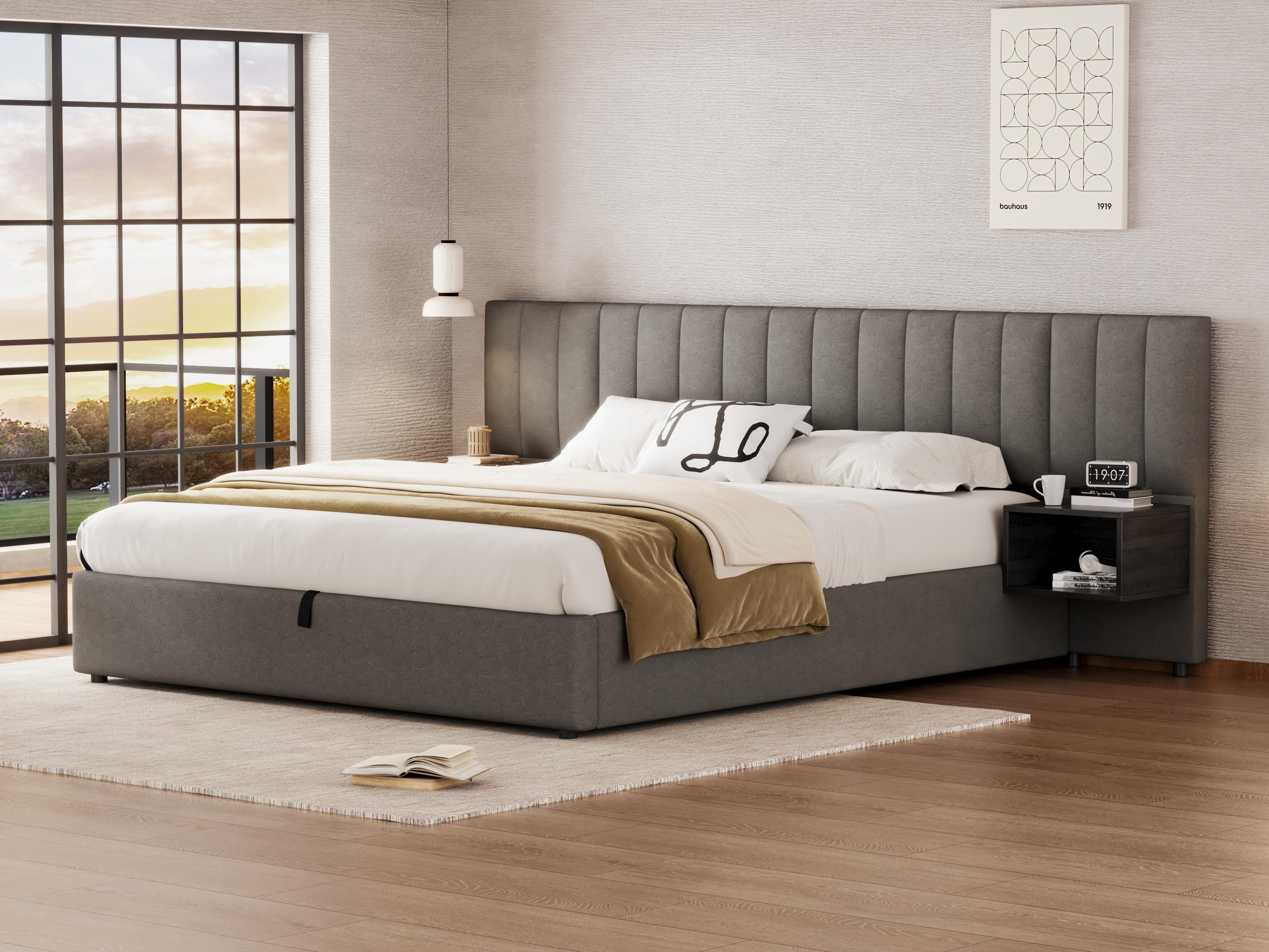 Lit coffre 180x200cm en tissu lin - avec 2 tables de chavet et sommier ...