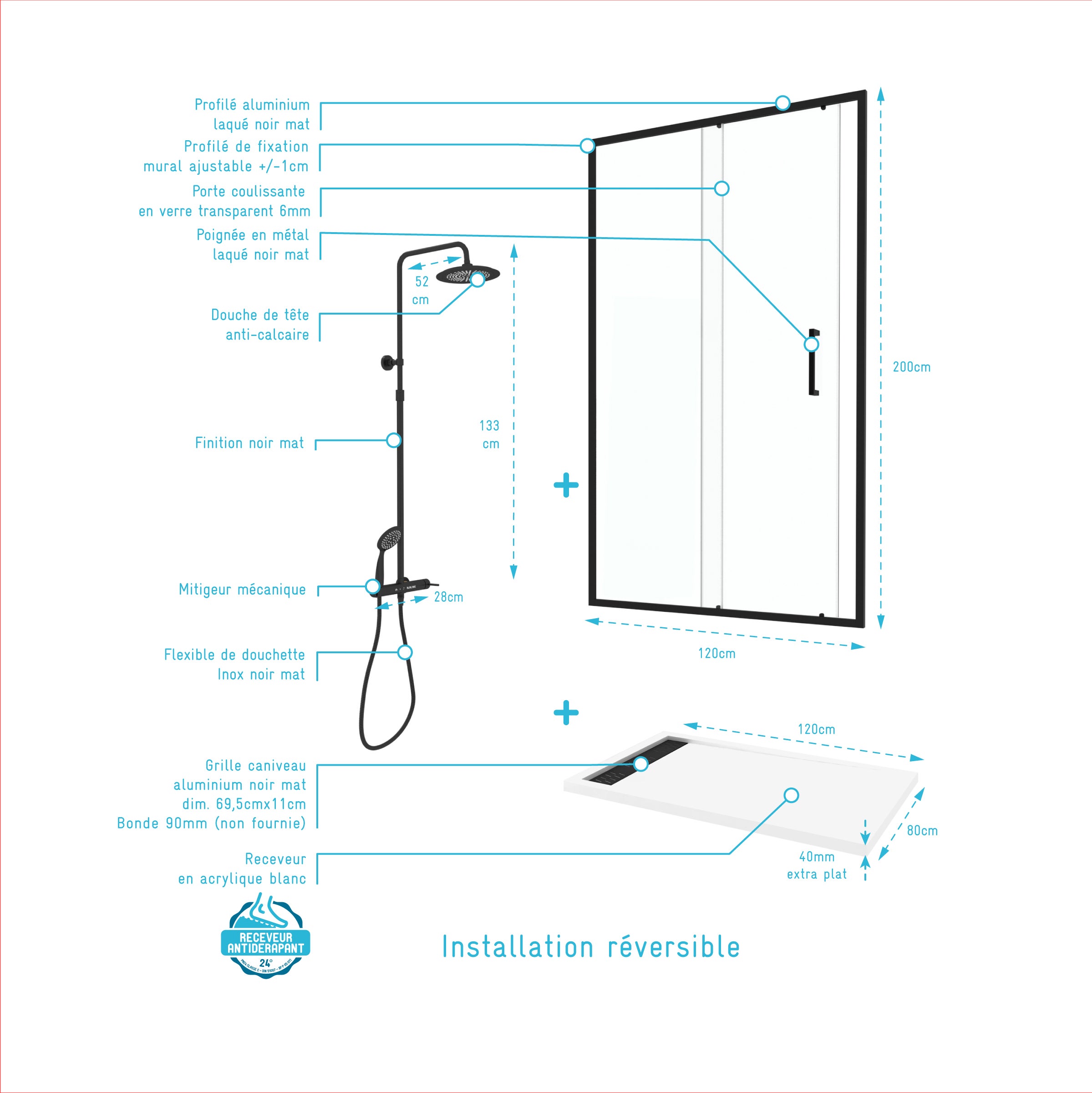 Mampara Corredera 120x200 cm Perfil Negro + Plato Blanco + Columna Negra | Leroy Merlin