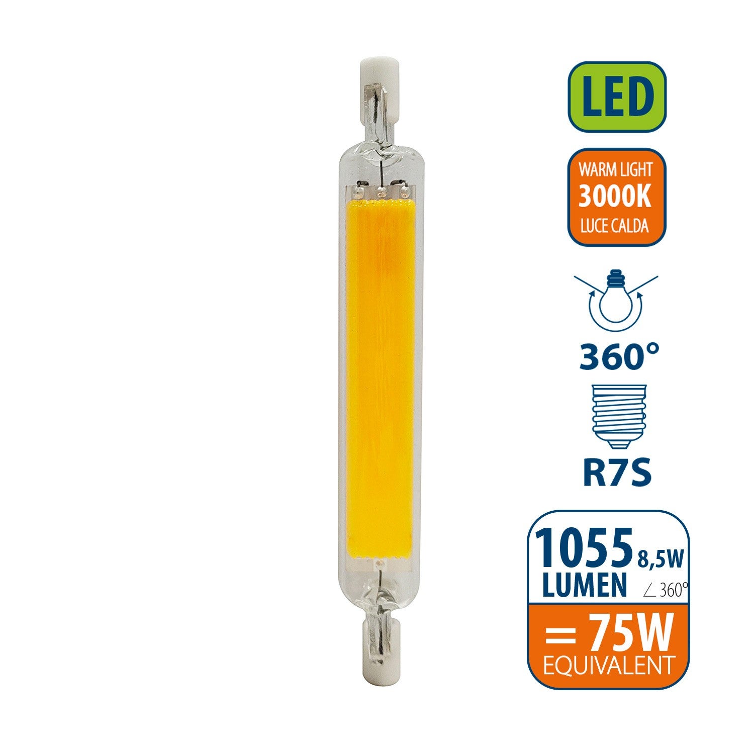 Ampoule LED COB R7S 8,5W 1055 lumens, 118 mm, lumière blanche chaude ...