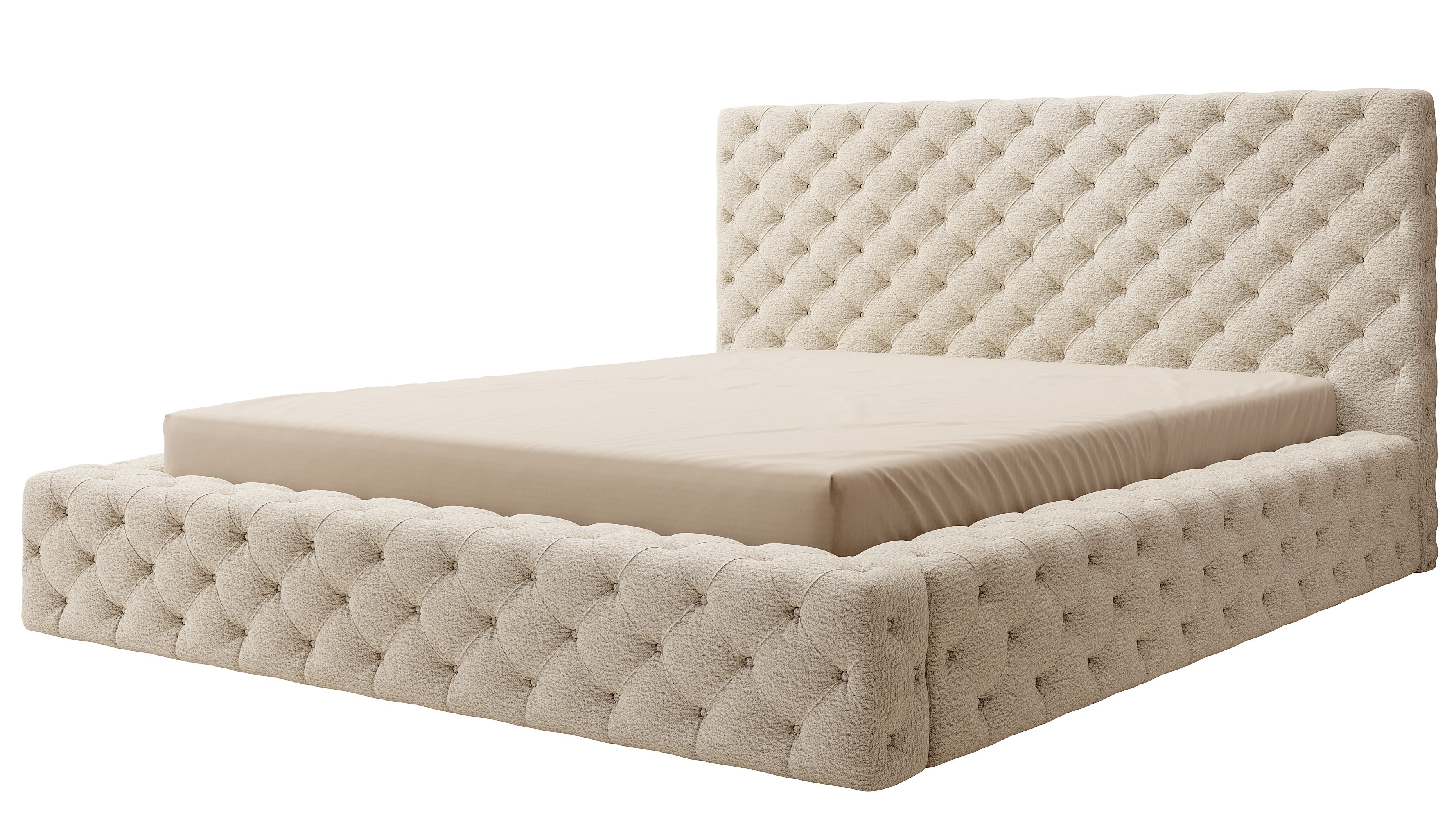 Lit design avec tête de lit et coffre capitonné velours beige Prince ...