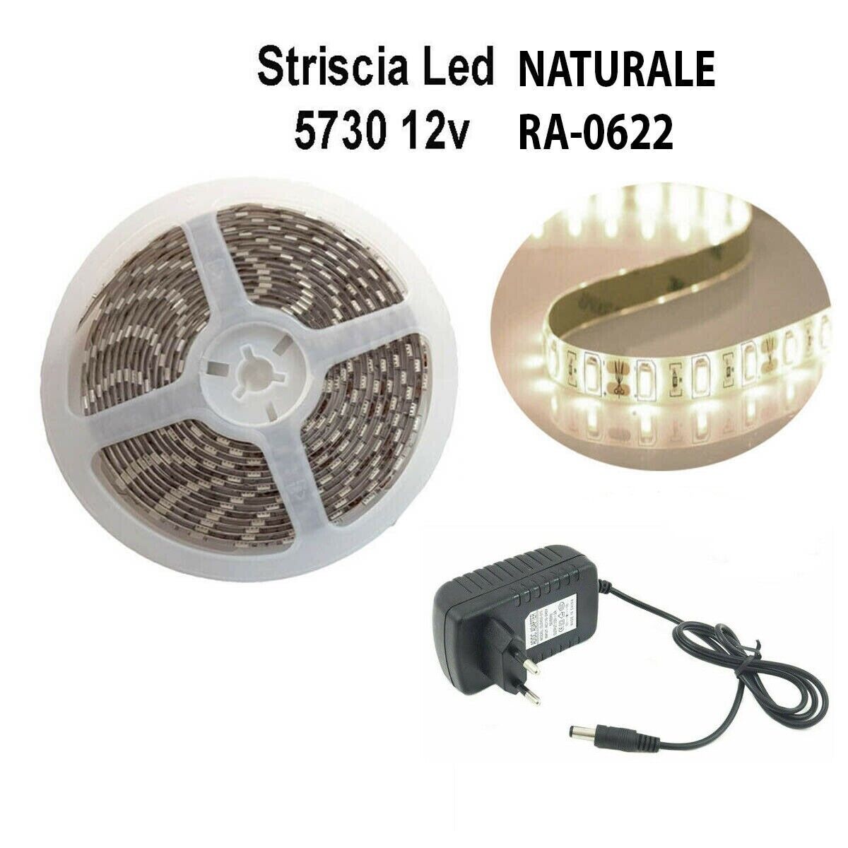 STRISCIA LED 5730 5M LUCE BIANCO NATURALE ADESIVA IP65 CON ALIMENTATORE ...