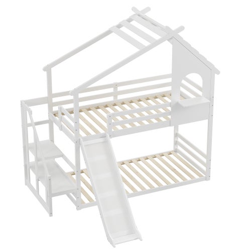 Lit pour enfants, lit superposé bas avec toboggan, 90 x 200 cm, blanc ...