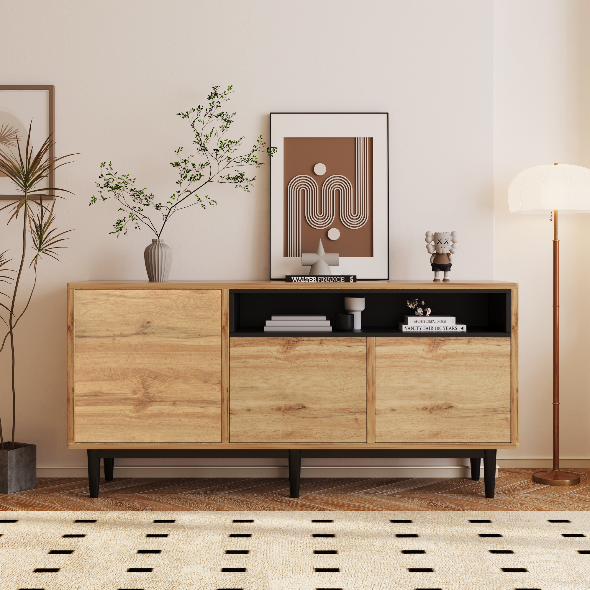 Buffet moderne avec 3 portes et étagère - Bois MDF - coloris naturel et ...