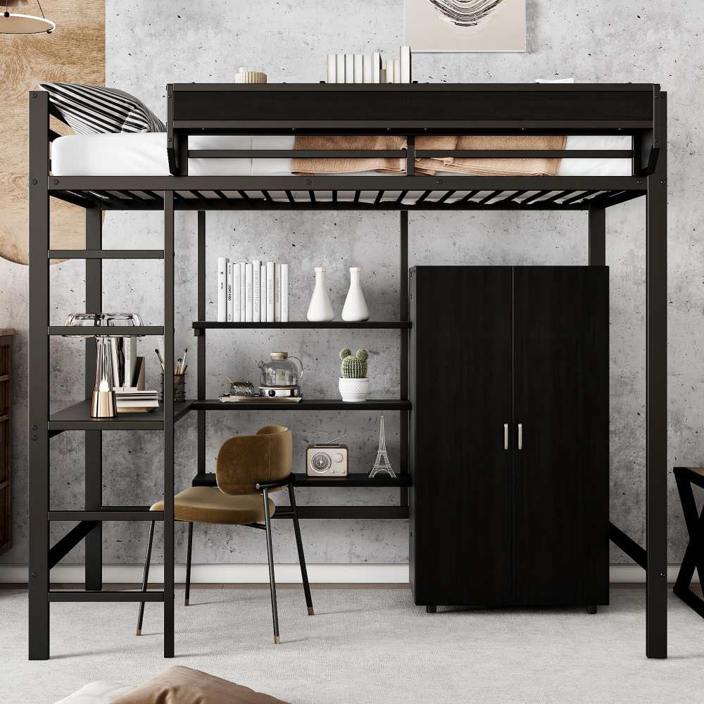 Lit mezzanine métal 90x200 cm avec bureau et armoire intégrée, cadre en ...