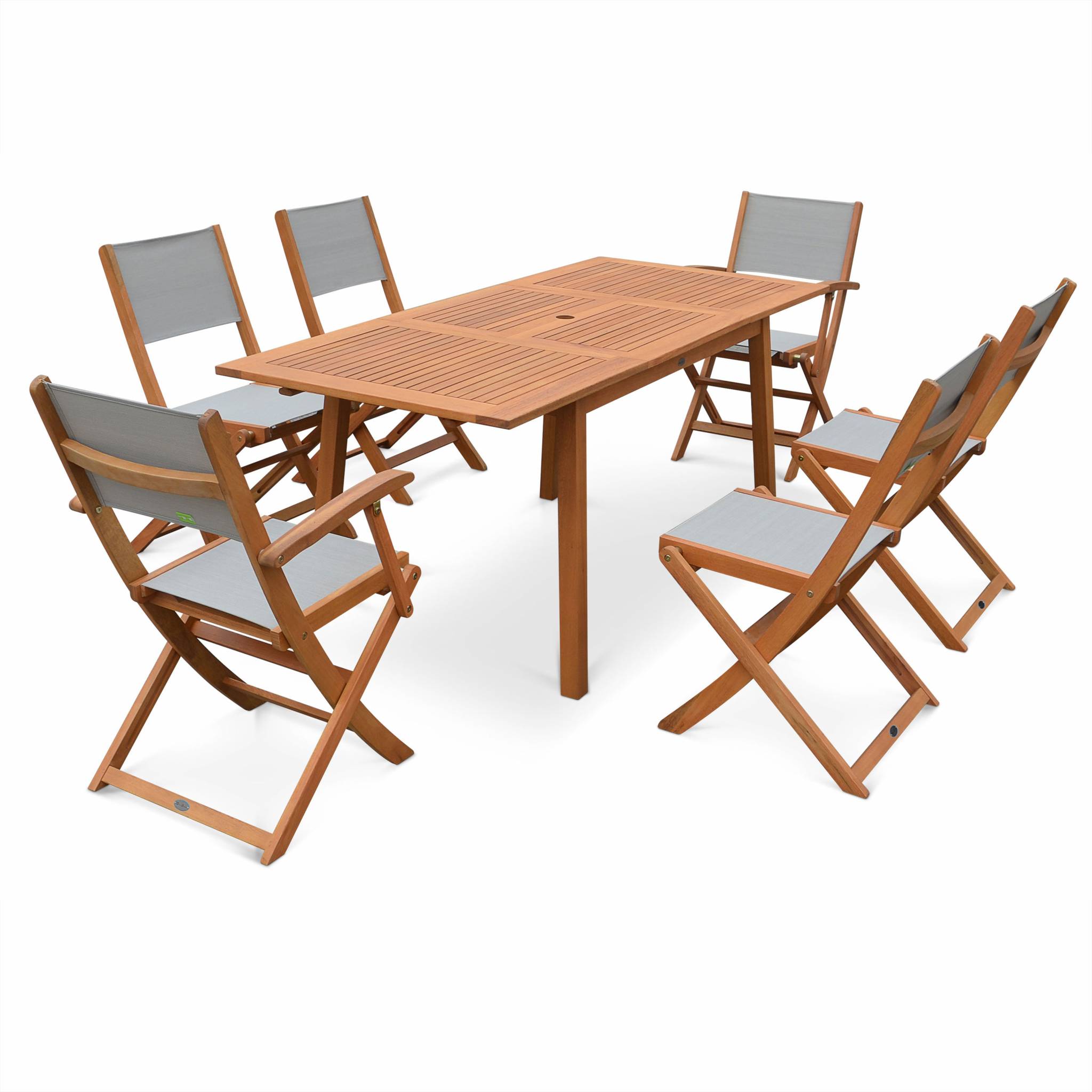 Salon de jardin en bois extensible - Almeria - Table 120/180cm avec rallonge. 2 fauteuils et 4 ...