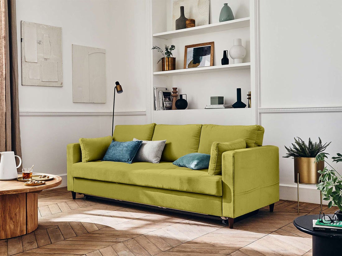 Canapé droit convertible 3 places en velours vert olive - ANNA - Best ...