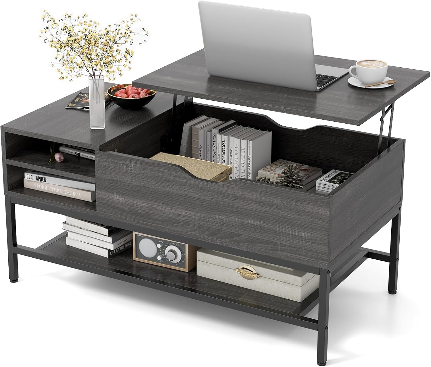 COSTWAY Table Basse Relevable, Table Basse Salon avec Rangement ...