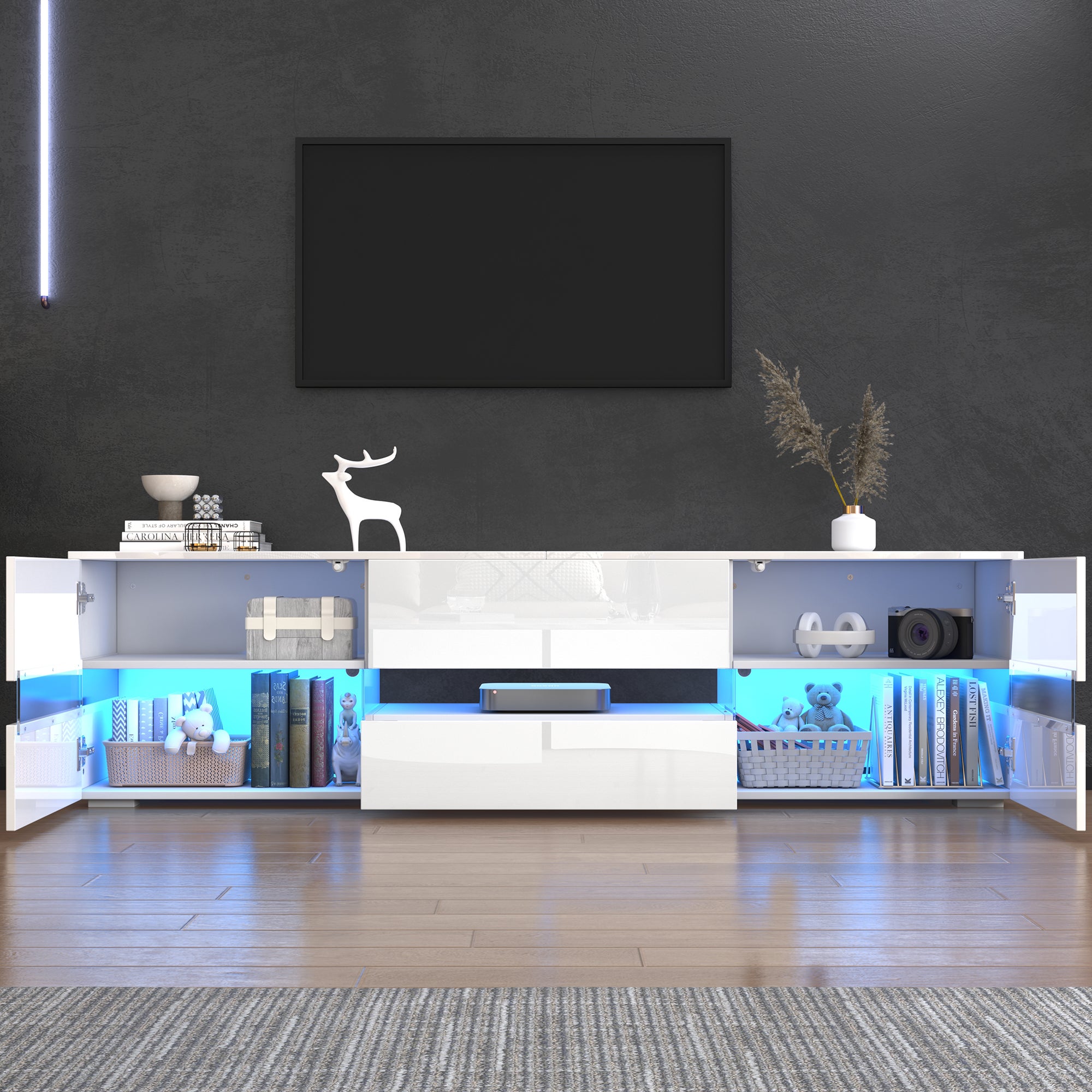 Mueble para TV moderno lacado en blanco 160x39x45 cm - LED, 2 puertas ...