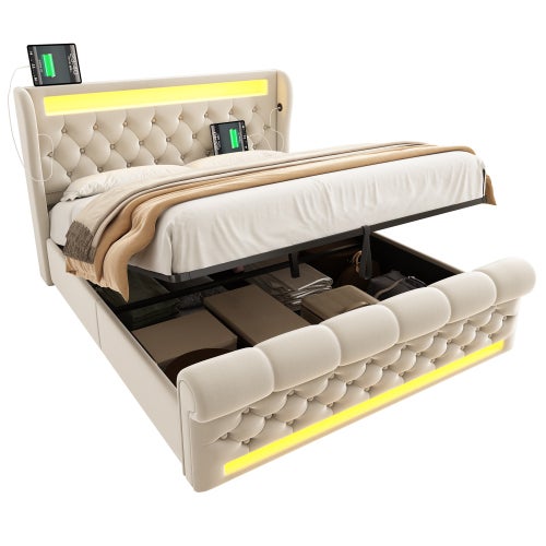 Lit capitonné 140x200 avec LED, tête de lit rangement USB/C ...