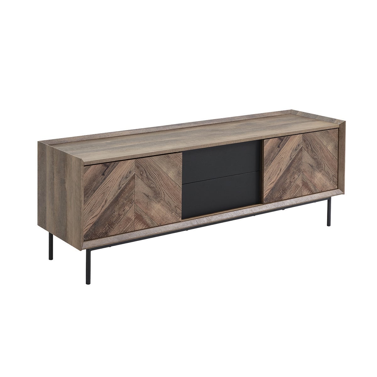 LODIX - Meuble TV 2 Portes 2 Tiroirs Effet Noyer en Chevron et Noir ...