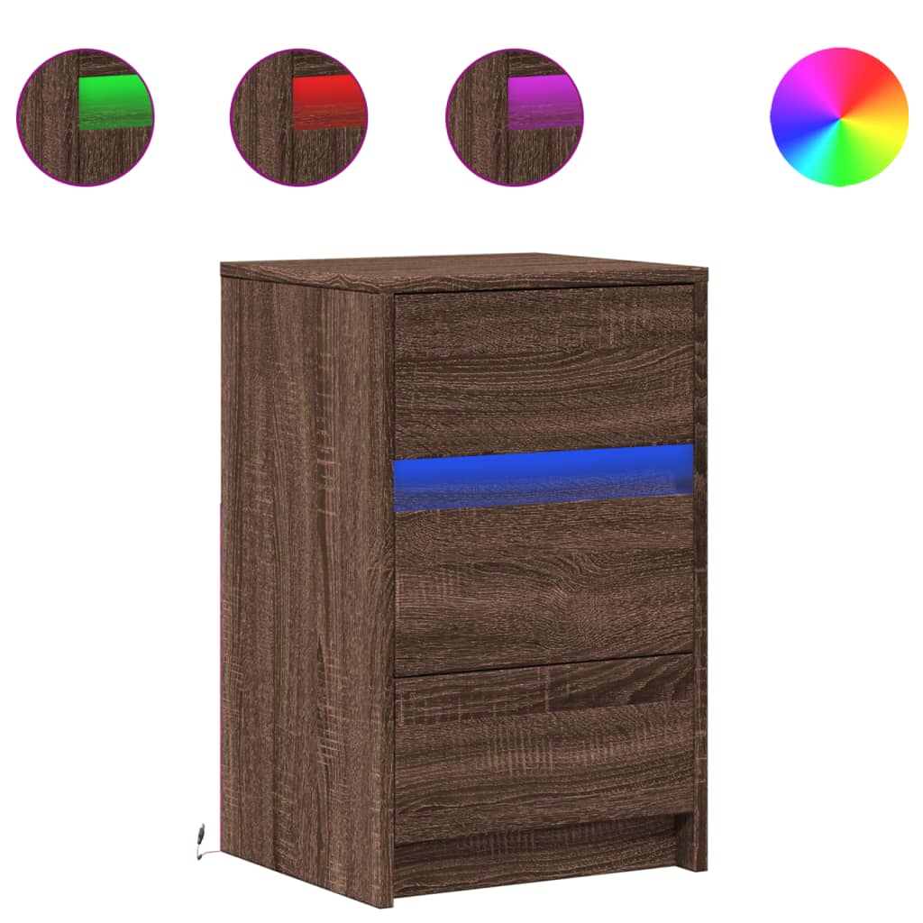 Table de chevet avec éclairage LED, bois composite, chêne brun ...
