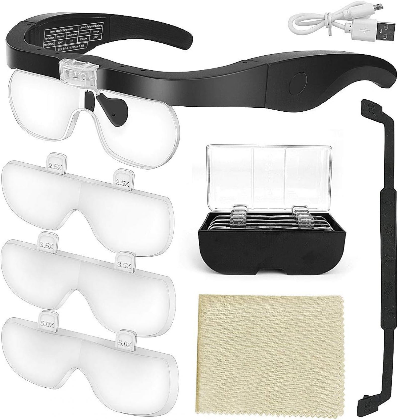 Loupe avec 2 lumières LED, loupe montée sur la tête, loupe mains libres, 4 lentilles amovibles ...