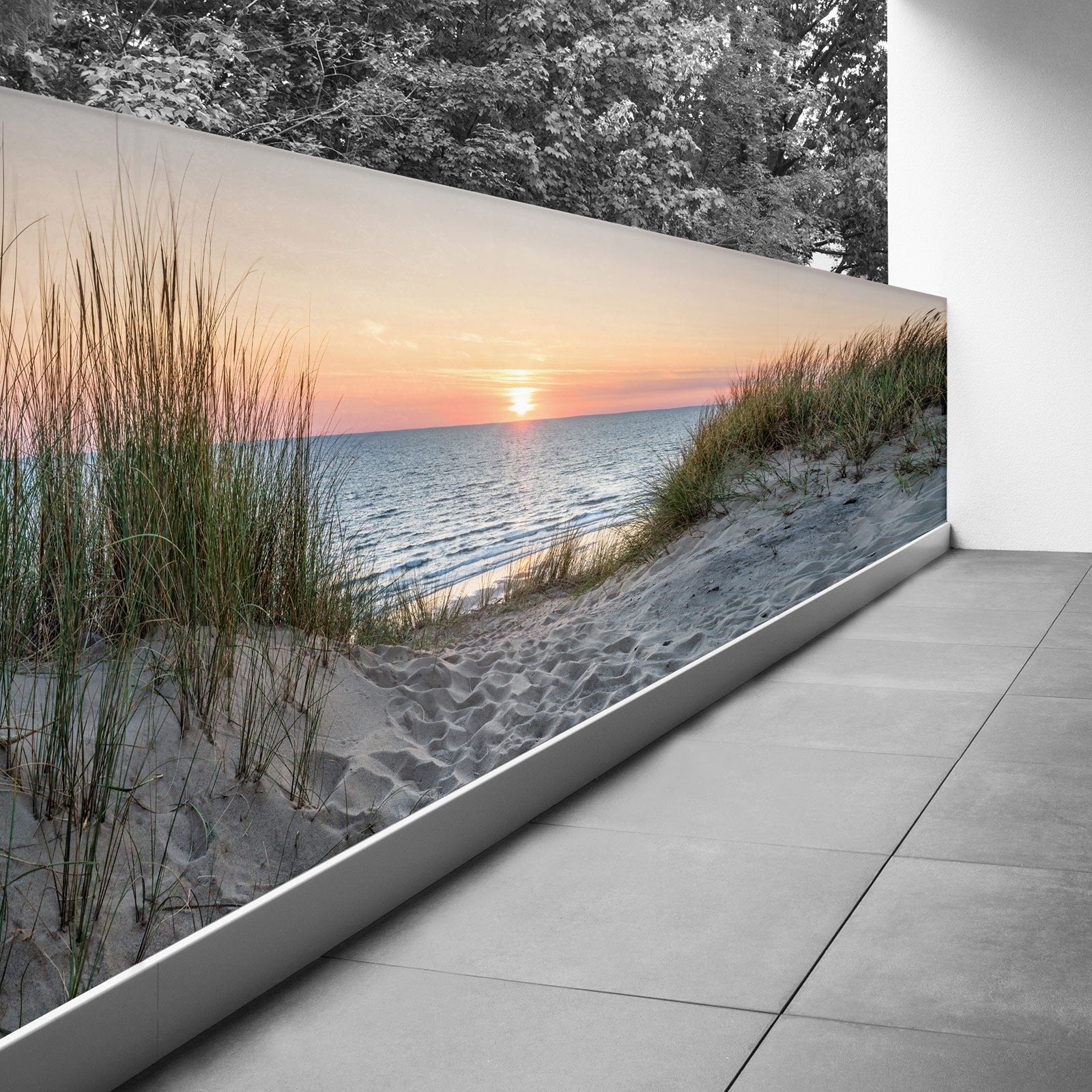Brise vue Trompe l'oeil - 100x277 cm - Couché de soleil - Bâche 80% d ...