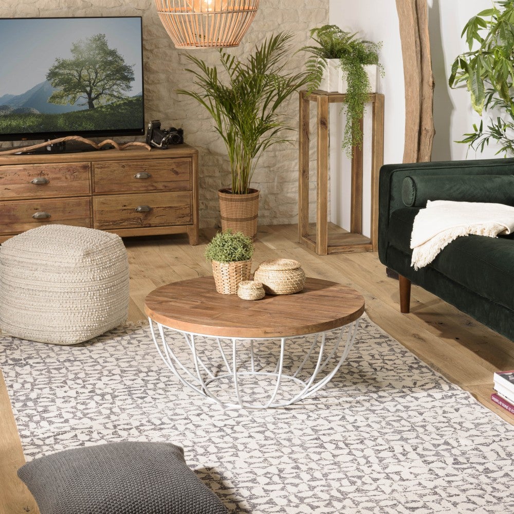 SIXTINE - Table basse ronde 80x80cm plateau bois teck recyclé blanc ...