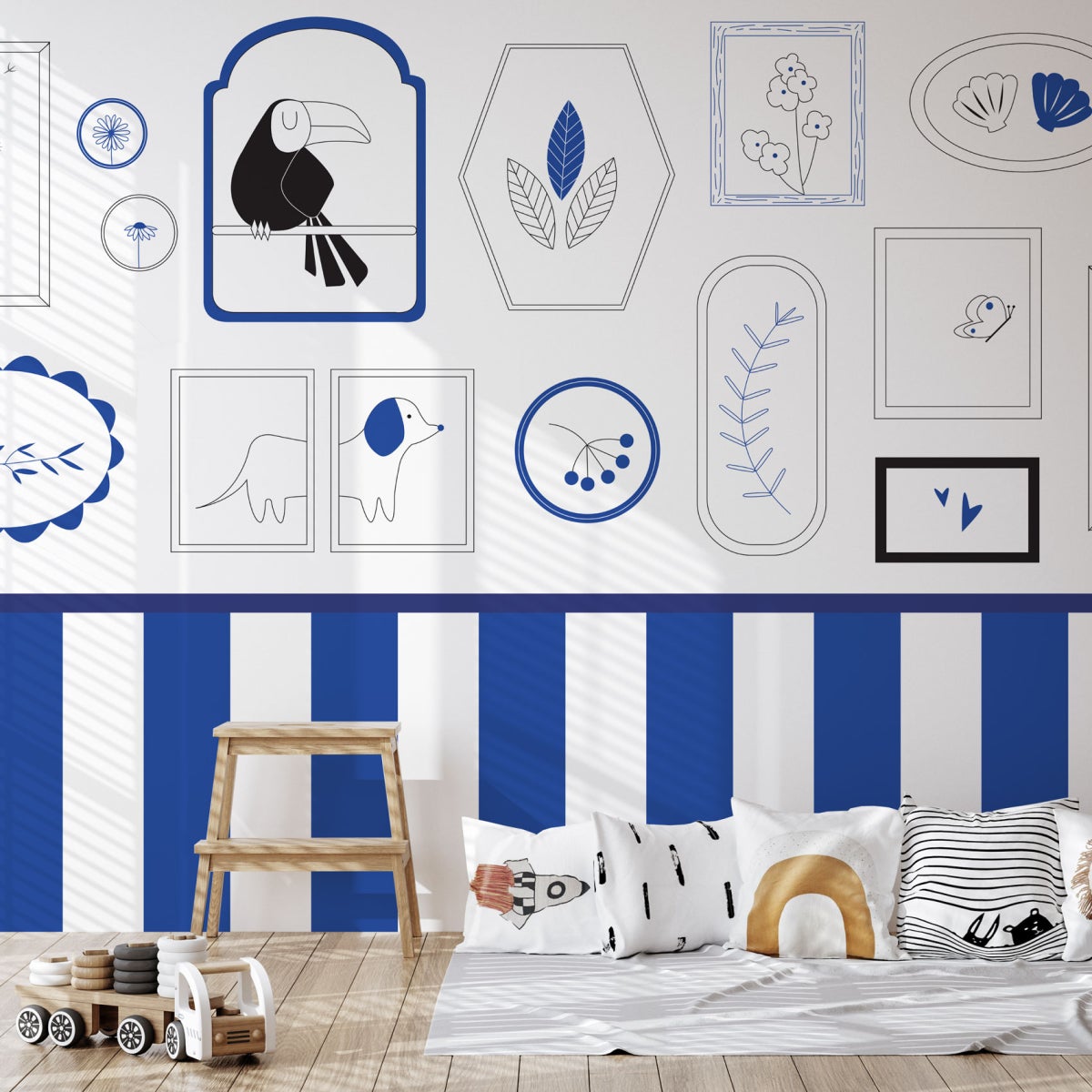 Papel pintado panorámico marcos infantiles, Azul 450 x 250cm | Leroy Merlin