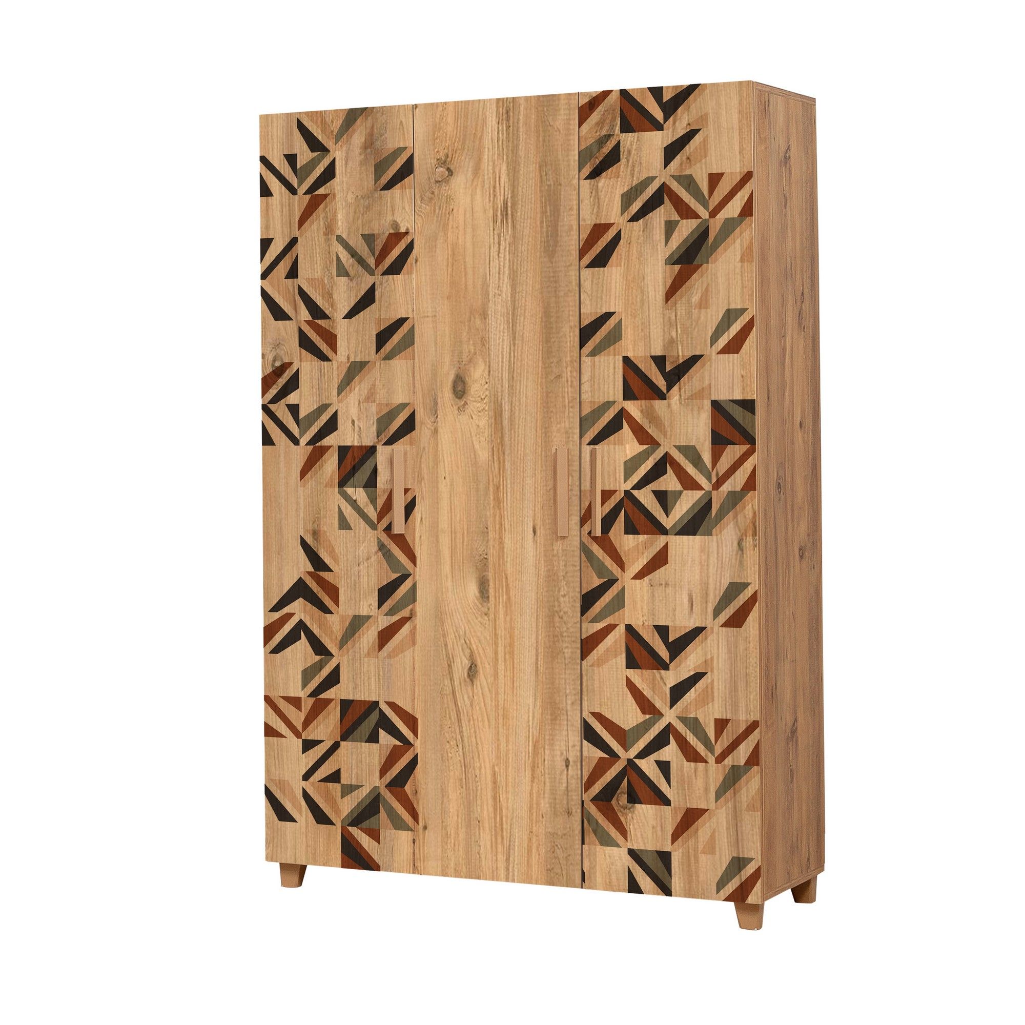Armoire 3 portes Perth L120cm Bois clair Motif Géométrique et carreaux ...