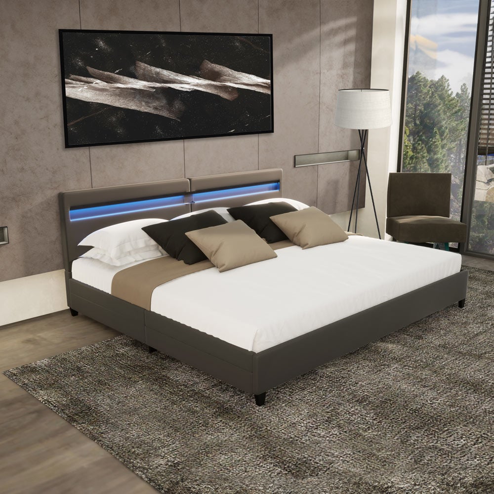 HOME DELUXE - Lit LED NUBE - Gris foncé, 200 x 200 cm - avec sommier à ...
